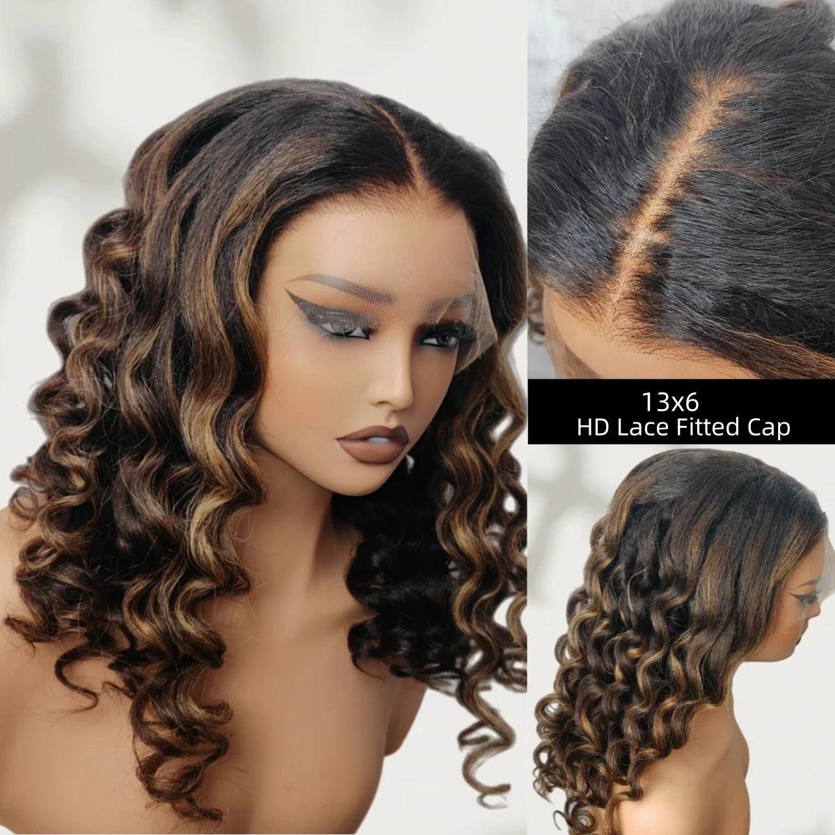 HD Lace 13x6 Fitted Cap Ear Tap Highlight Color Wig - Kinky Loose Wavy ...